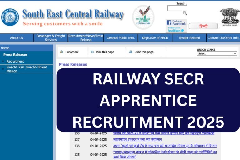 Railway SECR Apprentice Recruitment 2025 - Notification Pdf, Apply Online